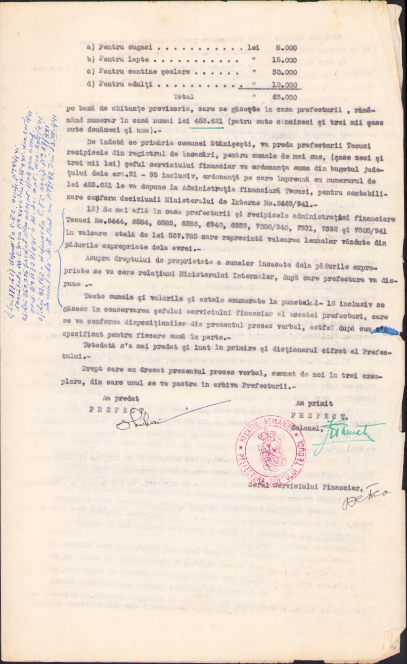 Proces verbal de predare a finanțelor județului Tecuci, 1941, semnat ...