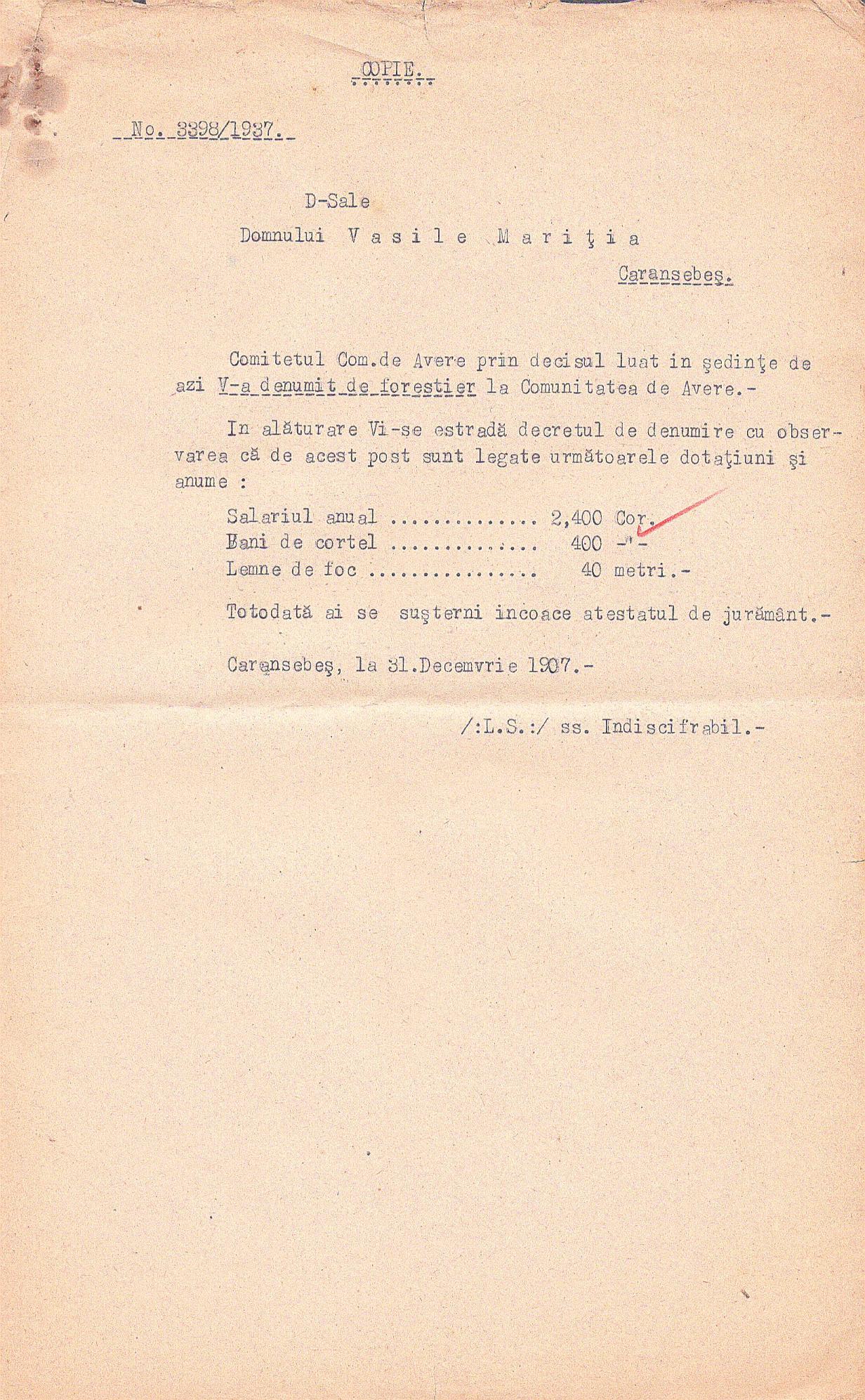 Decizie de numire în funcția de forestier, 1907, Caransebeș, duplicat ...